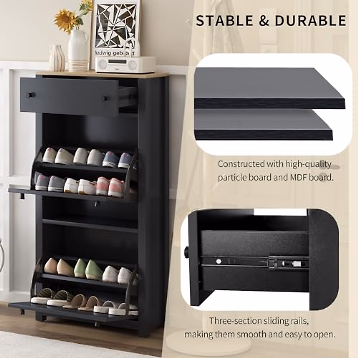 Shoe Storage Cabinet with 2 Flip Drawers, Narrow Shoe Cabinet for Entryway Slim with Wood Grain Top, Wall Hidden Shoe Organizer Cabinet with Adjustable Shelves for Entryway, Hallway, Black