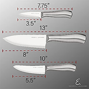 Emeril Lagasse 3-Piece Stainless Steel Kitchen Knife Set (Hollow Handles) - 8” Chef, 5.5” Prep, & 3.5” Paring Knives - Slice Fruits & Meats Effortlessly