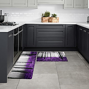 LEOSUCRE Purple Forest Landscape 2 Pieces Kitchen Mat Set Indoor Doormats with Rubber Backing, Wild Leaves Absorbent Memory Foam Runner Rugs Standing Mats for Doorway/Kitchen/Bathroom