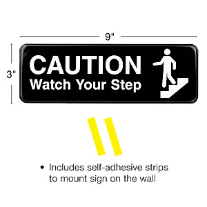 Excello Global Products Caution Watch Your Step Sign: for Business Restaurants Offices Indoor Outdoor Use Easy to Mount Informative Plastic Sign with Symbols 9” x 3”, Pack of 3 (Black)