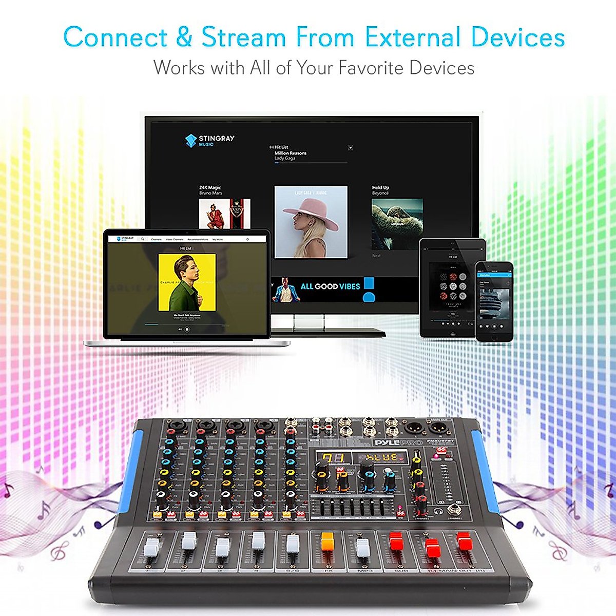 Pyle 6-Channel Bluetooth Studio Audio Mixer - DJ Sound Controller Interface with USB Drive for PC Recording Input, XLR Microphone Jack, 48V Power, I/O for Professional and Beginners - PMXU67BT