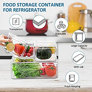 AZFUNN Fridge Organizer with Lids, Fruit and Vegetable Storage Containers for Fridge, Set Of 4 Refrigerator Organizer Bins Storage Clear Containers for Kitchen, Food, Drinks, BPA-Free, Stackable