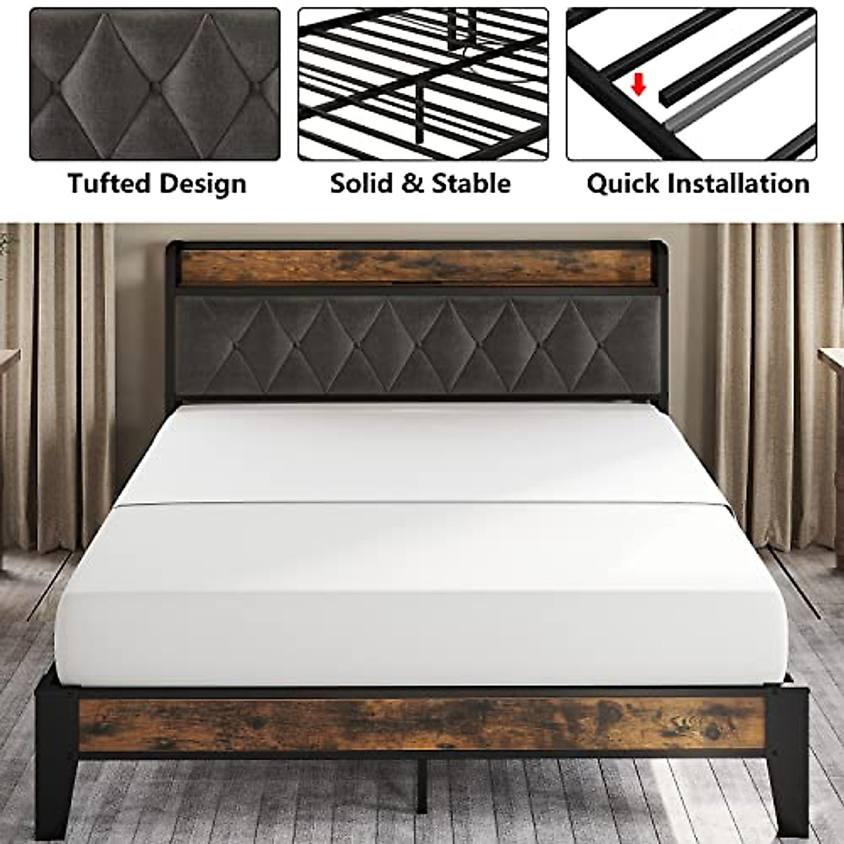 ANCTOR Queen Bed Frame, Storage Headboard with Outlets, Easy to Install, Sturdy and Stable, No Noise, No Box Springs Needed