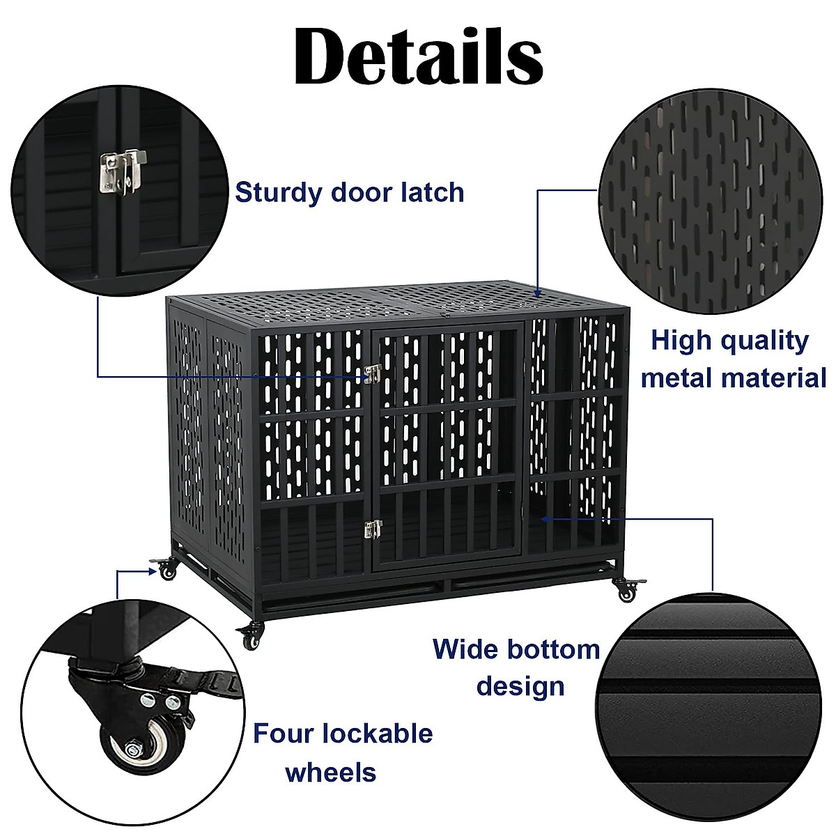 Heavy Duty Dog Crate, 44" Indestructible Metal Dog Kennel, Indestructible Pet Cage for High Anxiety Large Dogs with Sturdy Door Lock and Removable Trays