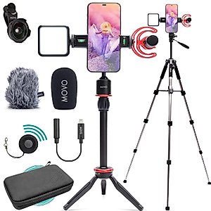 Movo iVlog1 Vlogging Kit for iPhone with Fullsize Tripod - Lightning Compatible Vlog Kit - Accessories: Shotgun Mic, Tripods, LED Light, Wide-Angle Lens for YouTube Starter Kit or iPhone Vlogging Kit