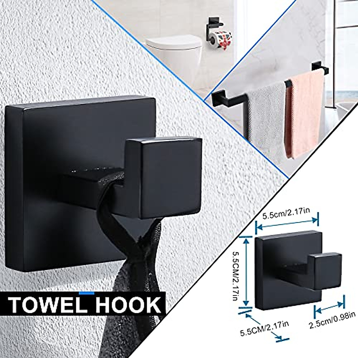 YACVCL 5-Piece Bathroom Hardware Accessories Set 23.6 inch Towel Bar Towel Rack Sets Modern Towel Ring Kit Stainless Steel Wall Mounted (Matte Black)