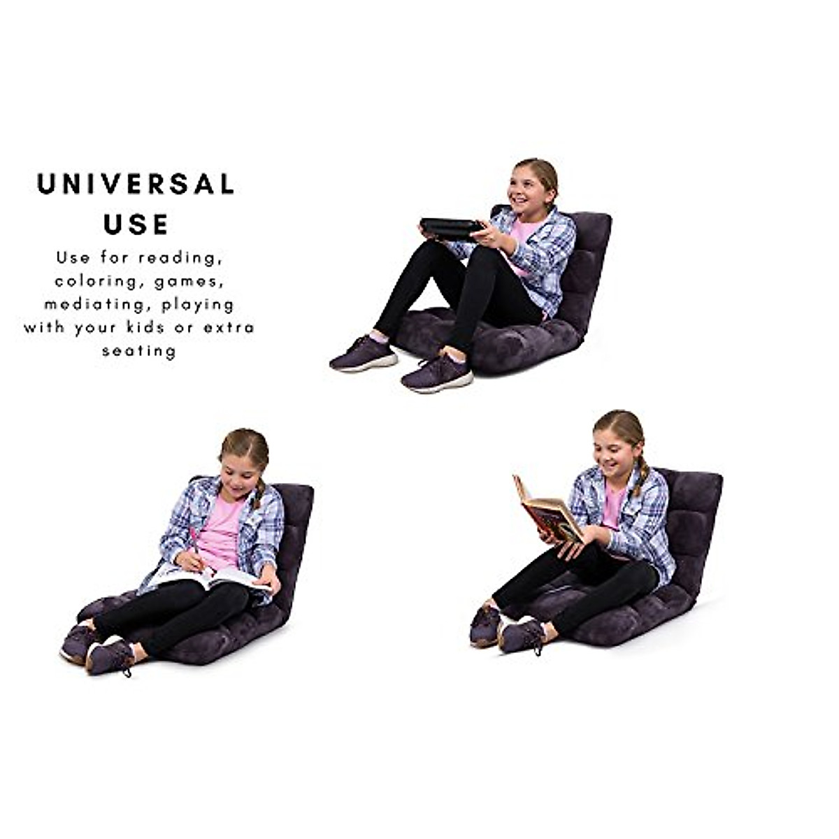 BIRDROCK HOME Adjustable 14-Position Memory Foam Floor Chair for Kids | 22.5" H x 19" W. 5.5" Thick Cushion | Eggplant | Comfy Back Support | Reading Game Meditating | Foldable Banana Rocker Chairs