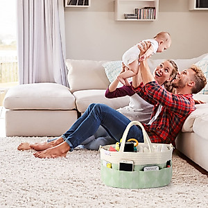 Homlynn Baby Diaper Caddy Organizer Diaper Storage Basket Large Tote Bag & Car Organizer, Nursery Storage Bin for Baby Accessory, 100% Cotton Rope, Machine-washable(Green, with Stroller Hooks)