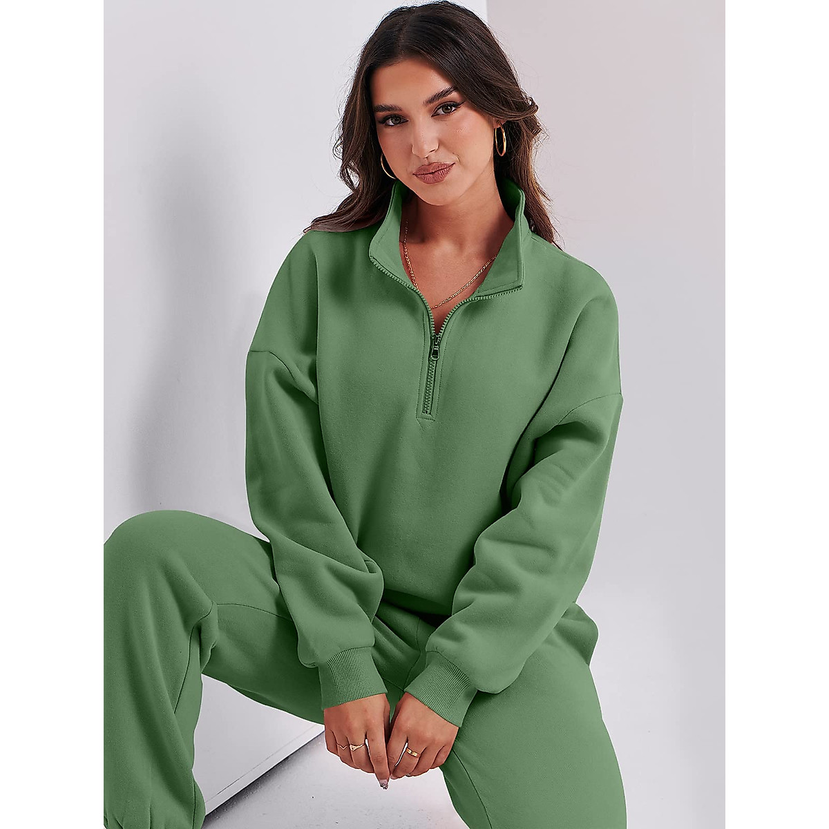 Prinbara Women 2 Piece Outfits Sweat Set 2024 Fall Oversized Sweatshirts Jogger Sweatpants Lounge Sets Tracksuit Dark Green Small