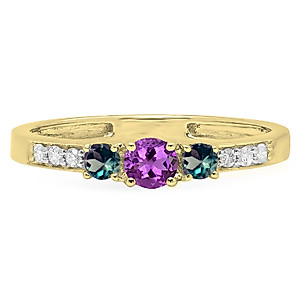 Dazzlingrock Collection Round Amethyst & Lab Created Alexandrite with White Diamond Three Stone Engagement Ring for Her in 10K Yellow Gold Size 8