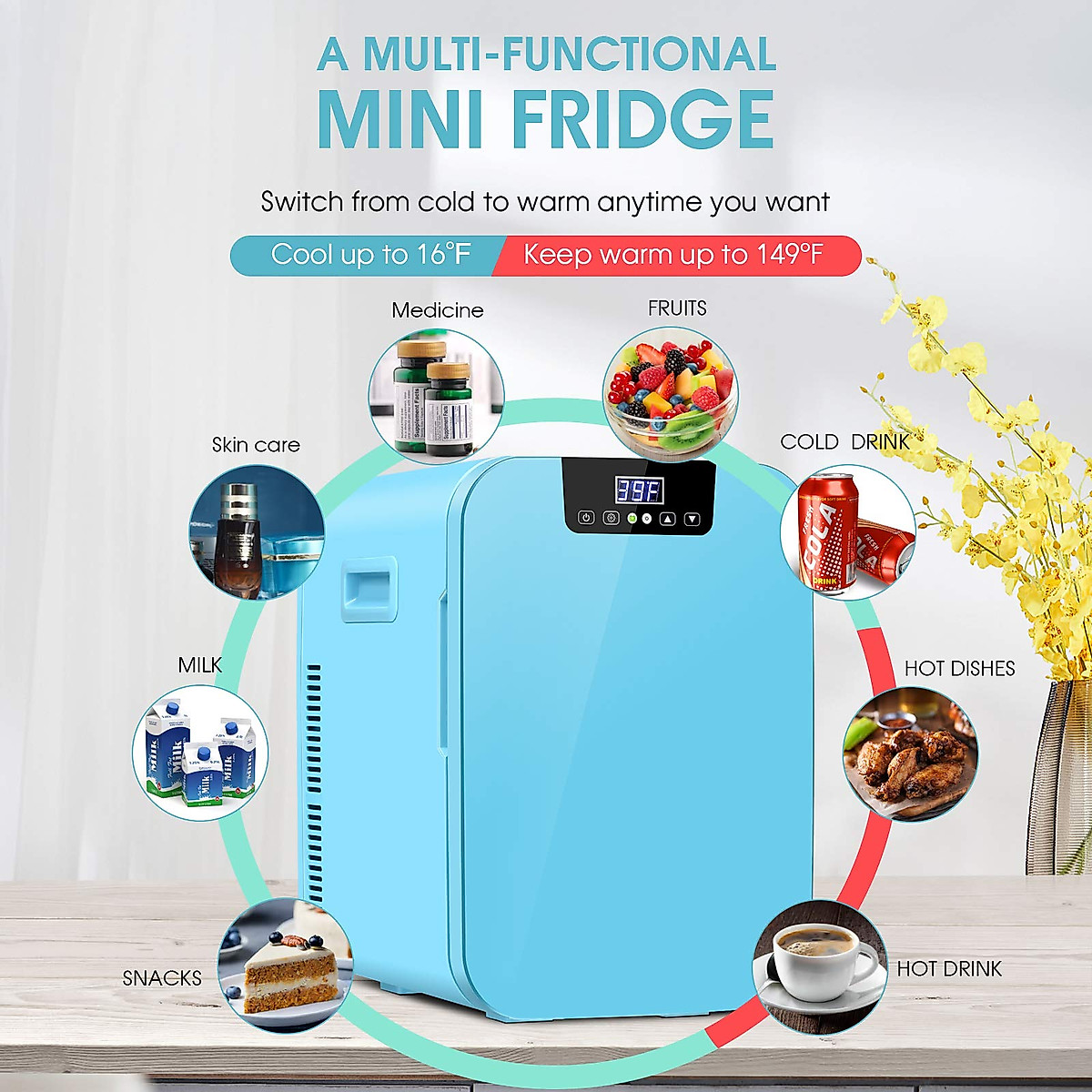 ARLIME 20 L Compact Cooler Warmer Mini Fridge for Bedroom, Office, Car, Dorm - Portable Makeup Skincare Fridge with Digital Temperature Control (Blue)