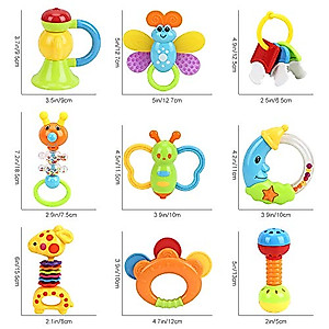 Aomola 9 PCS Baby Rattles Toys Set, Infant Teether and Shaker Rattles Toy, Baby Newborn Gift Set for Hand Development Early Educational Toys for 0+, 3, 6, 9, 12 Month Newborn Toddler