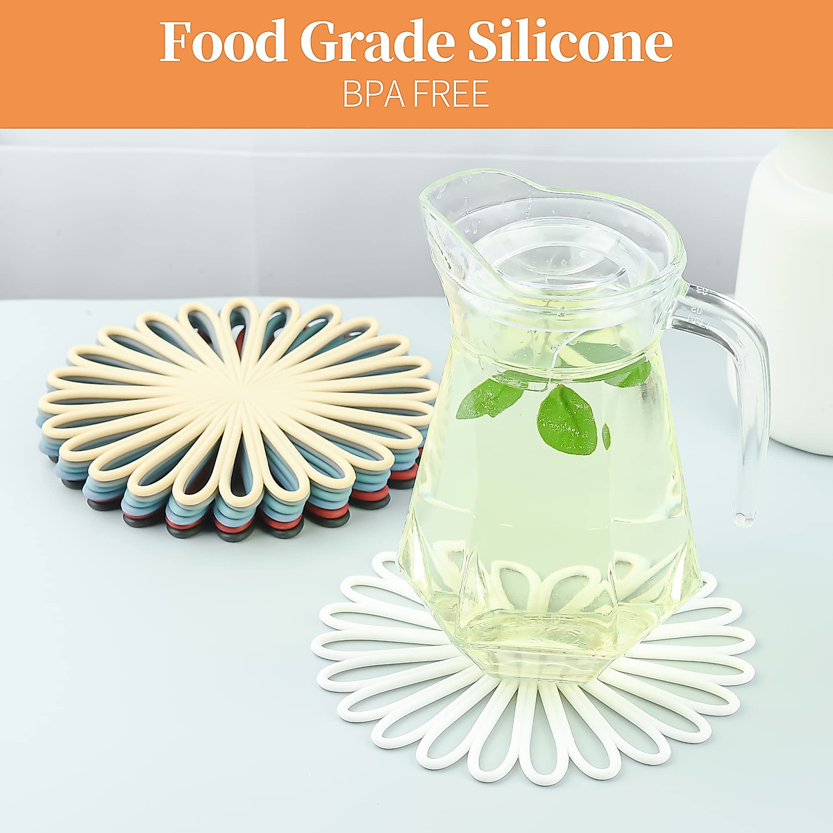 Kalsreui Trivets for Hot Dishes, Silicone Trivet Hot Pads for Kitchen Counter, Carved Silicone Trivets for Hot Pots and Pans, Heat Resistant Mat for Quartz, Teal Round Silicone Trivets Mats Pack 6