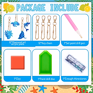 Whaline 12Pcs Summer Diamond Drawing Keychain Kit Ocean Fish Theme DIY Diamond Drawing Pendant Under The Sea Rhinestone Mosaic Making Full Drill Diamond Keychain for Crafts Gift