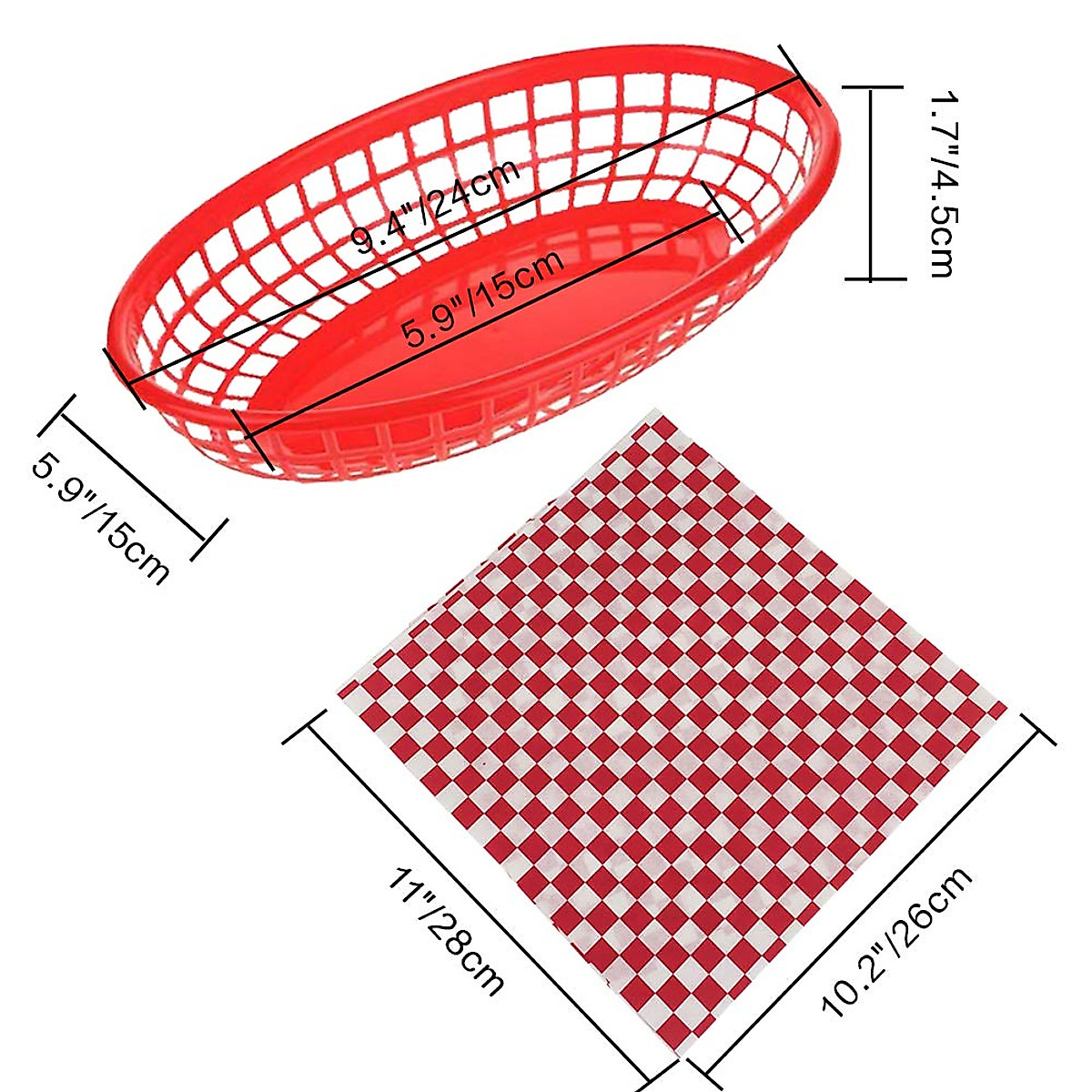 FEOOWV Retro Style Fast Food Basket (12Pk) and Checkered Deli Liner (100 Pk) Combo. Fast Food Basket Are Dishwasher Safe. Disposable Deli Paper Squares for Easy Cleanup (Red)