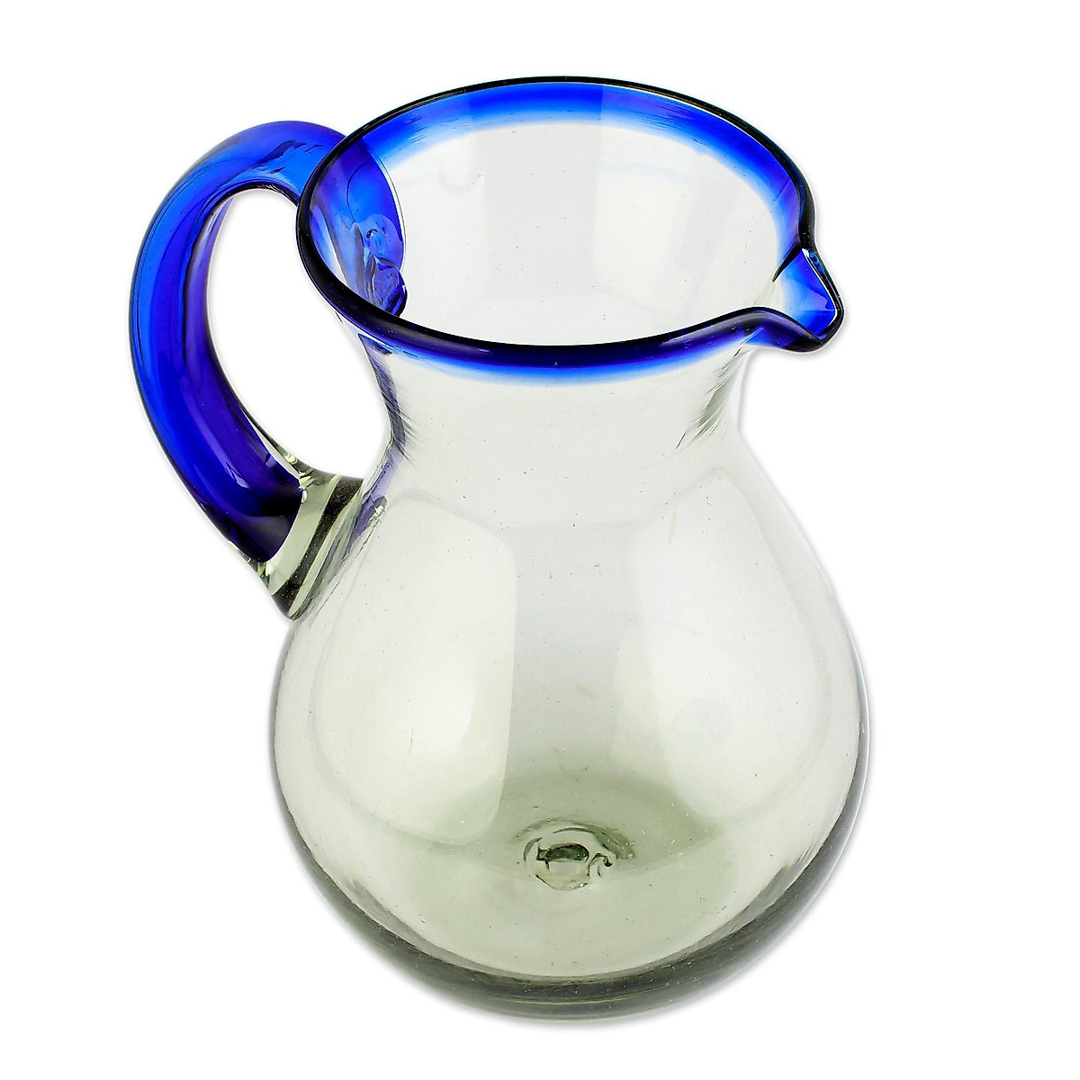 NOVICA Artisan Crafted Blue Accent Clear Glass Recycled Hand Blown Pitcher from Mexico, 82 Oz, Blue Grace'
