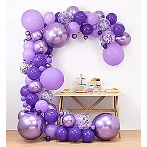 LFVIK Purple Balloons Garland Arch Kit& 4 Sizes 18''12''10''5'', Metallic Balloons, Purple Confetti ballons,for Women Birthday ,Purple theme party,Shower,Wedding.Balloon decoration tools.