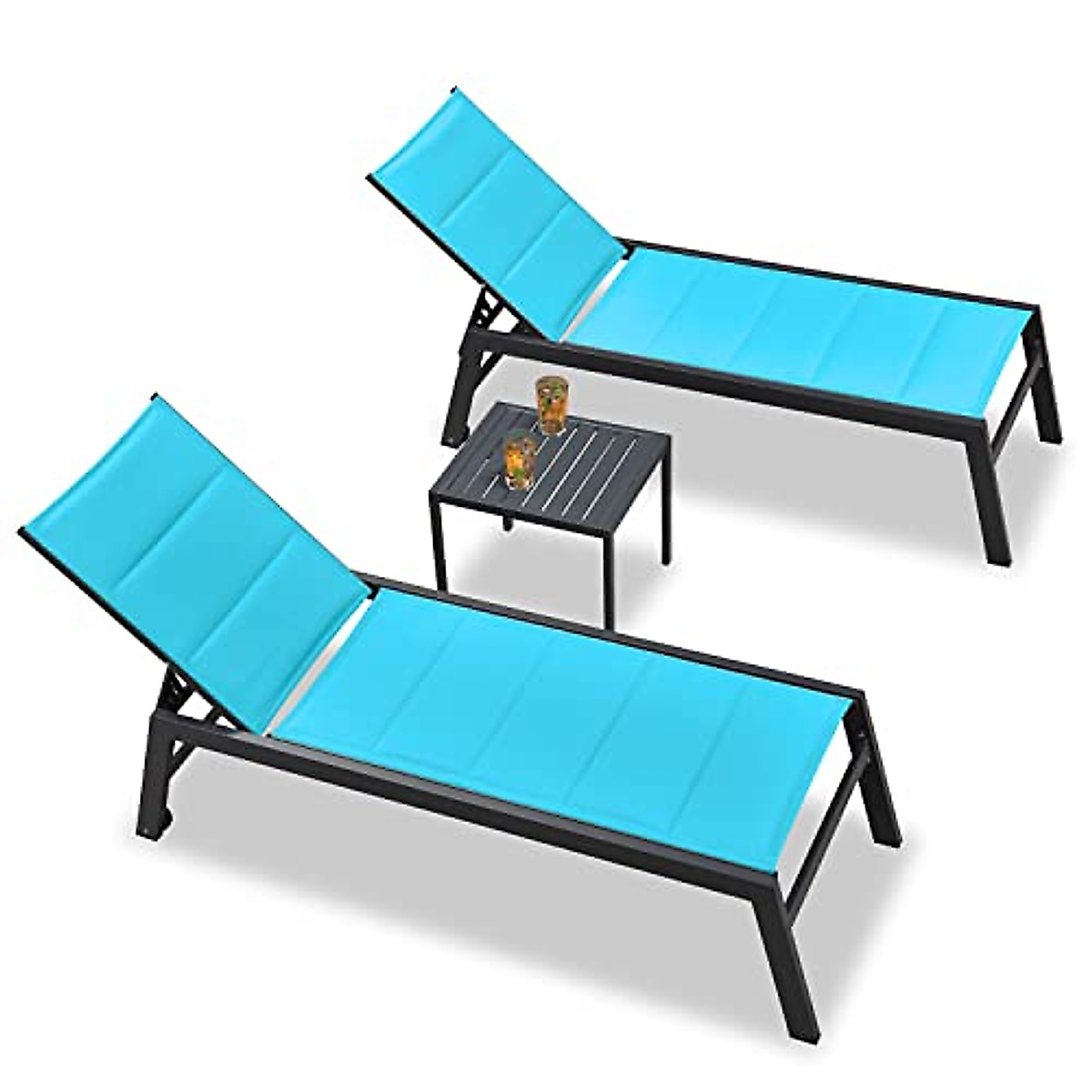 PURPLE LEAF Outdoor Chaise Lounge 2 Pieces Aluminum Patio Lounge Chair with Side Table and Wheels All Weather Outdoor Reclining Chair for Patio Pool Beach Sunbathing Chair, Turquoise Blue