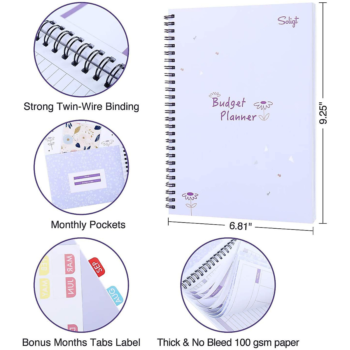 Monthly Budget Planner Book (Undated) with 12 Pockets for Income, Debt, Saving, Expense and Bill Tracker Organizer, Purple, Spiral Design