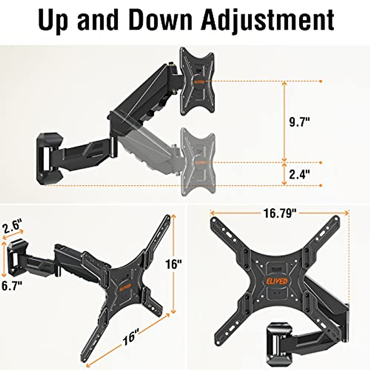 ELIVED Height Adjustable TV Wall Mount for Most 23-55 Inch TVs, Spring Arm Full Motion Swivel Tilt Articulating TV Mount Bracket Fits Max VESA 400x400mm, 44 lbs YD1010