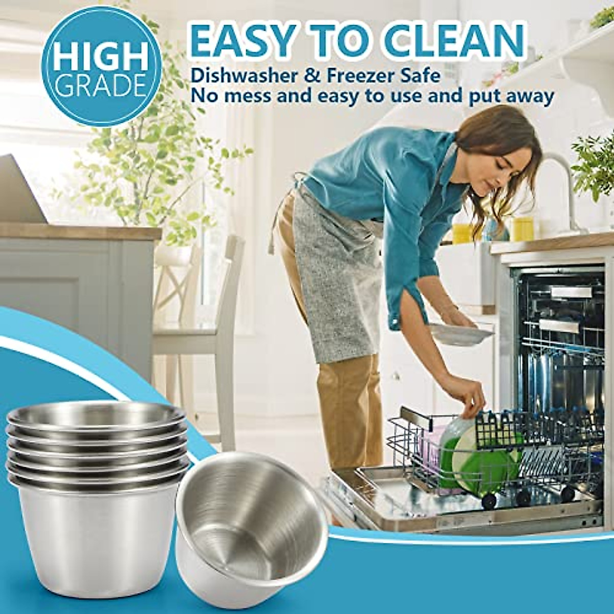 VERFOU Salad Dressing Condiment Container with Lid, 4 Pack 2.7oz Reusable Dip Cup, 304 Stainless Steel Small Food Storage Container with Silicone Lid, Leakproof Sauce Cup Easy Open for Lunch Box