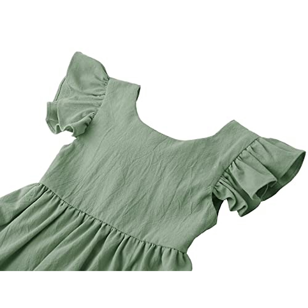 LYXIOF Toddler Baby Girl Cotton Linen Summer Dress Ruffle Sleeve Back Bowknot Kids Beach Dresses Green 90CM
