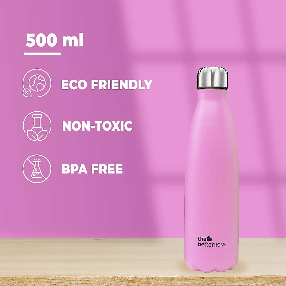 The Better Home 500 Stainless Steel Insulated Water Bottle 500ml Pink | Thermos Flask 500ml | Hot and Cold Steel Water Bottle 500ml | Food Grade & BPA Free Insulated Water Bottles (Pack of 2)