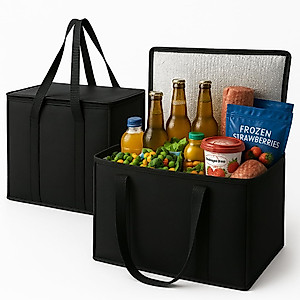 2-Pack, XL-Large Insulated Grocery shopping bags, Black, reusable bag,thermal zipper,Collapsible,tote,cooler,food transport hot and cold,for instacart,camping,Recycled Material delivery groceries