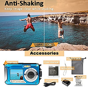Shimshon Underwater Camera Full HD 2.7K 48MP Waterproof Camera for Snorkeling Dual Screen Waterproof Camera Digital with Self-Timer and 16X Digital Zoom (Blue)
