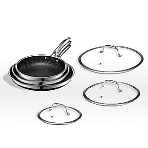 HexClad Hybrid Nonstick 6-Piece Fry Pan Set, 8, 10 and 12-Inch Frying Pans with Tempered Glass Lids, Stay-Cool Handles, Dishwasher and Oven Safe, Induction Ready, Compatible with All Cooktops