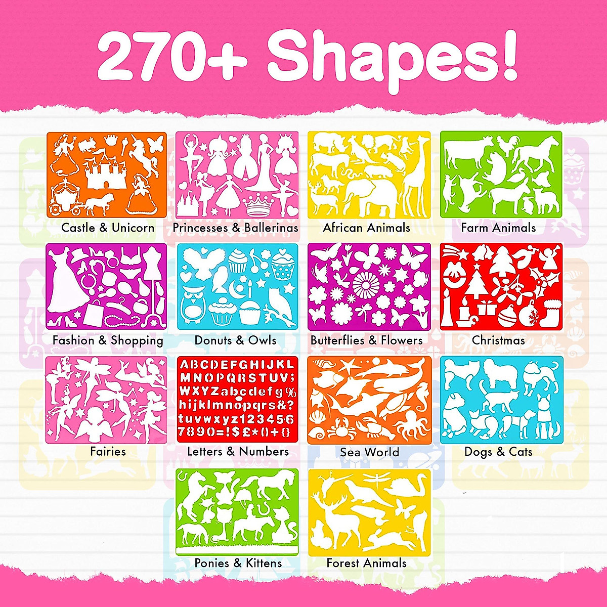 Mimtom Drawing Stencil Kit for Kids, 51 PC Art Set with 270+ Shapes, Sketch Pad, and Colored Pencils for Child's DIY Arts and Crafts, Draw with Princess, Fairies and Animal Stencils, Pink