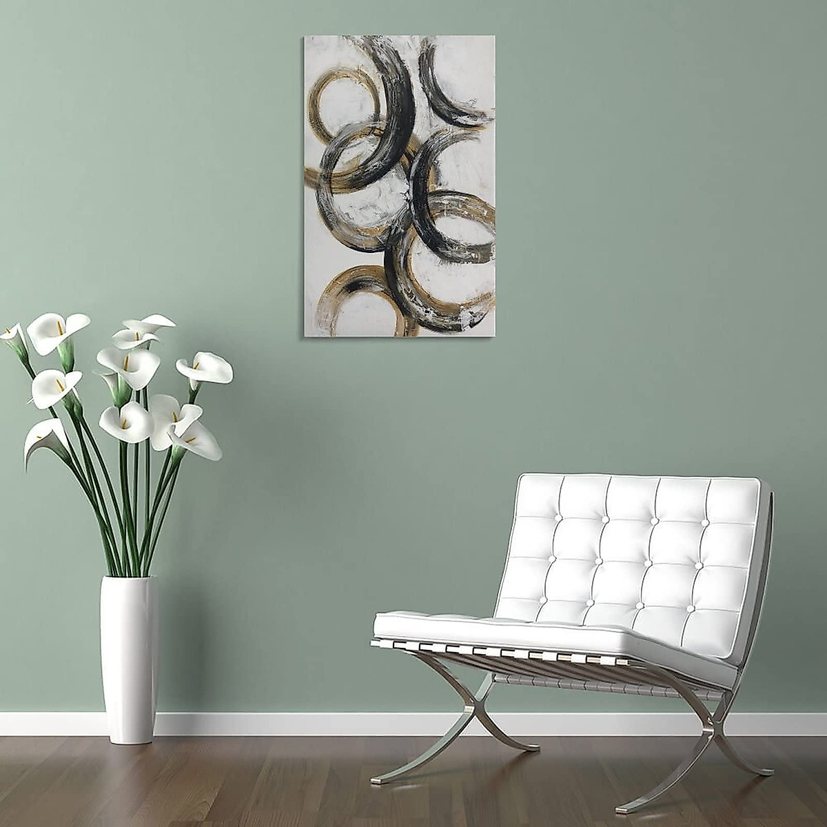 Hand-Painted Abstract Oil Painting Black White Circle Fine ArtHandmade Modern Acrylic Artwork Texture Painting Original Paintings Canvas Wall Art16x24inch(40x60cm)