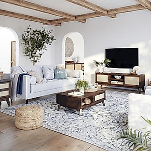 Bme Modern Solid Wood Coffee Table with Storage, Accent Rattan Design, Perfect for Living Room, Walnut, Medium