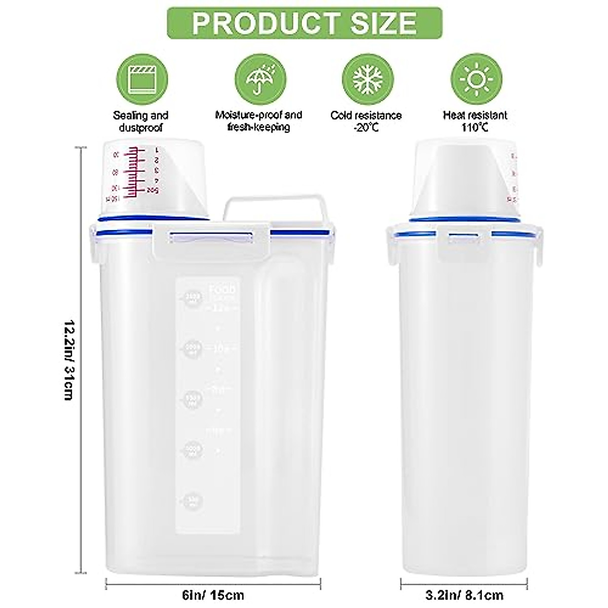 2 Pcs Set Rice Dispenser Storage Containers, 10 Lbs Small Rice Bucket with Measuring Cup & Pour Spout, Kitchen Plastic Airtight Container for Cereal, Grain, Flour, Sugar, Oatmeal, Dry Pet Dog Food
