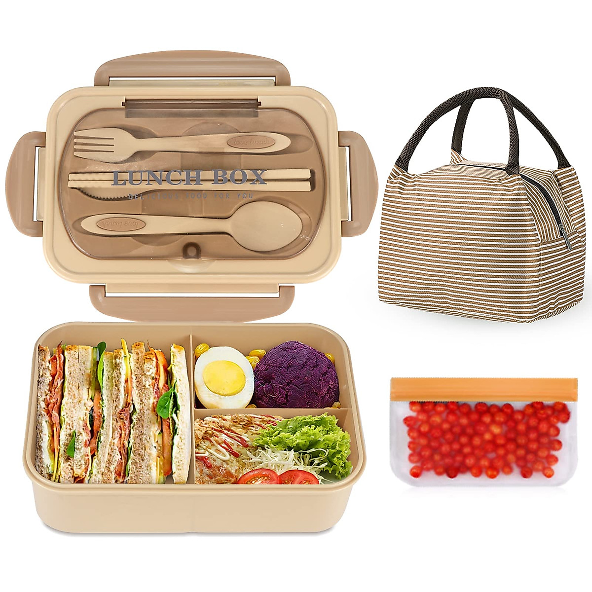 NatraProw Bento Box Adult Lunch Box with Bag, Lunch Containers for Adults, Leakproof Lunch Box for Adult, BPA Free, 3 Compartment Bento Box Microwave safe, Lunch Bag with Containers Included, Khaki