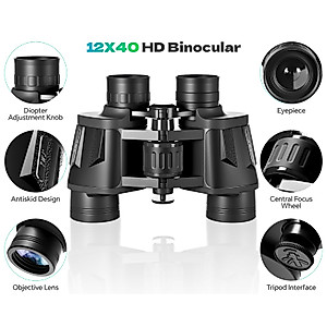 12x40 HD Binoculars for Adults and Kids High Powered, Clear Large View & Low Light Night Vision, Waterproof Binoculars for Hunting, Birds Watching, Cruise Ship, Theaters, Travel and Stargazing
