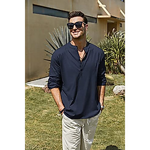 COOFANDY Mens Cotton Linen Henley Hippie Casual Beach T Shirt, Navy Blue, X-Large, Long Sleeve