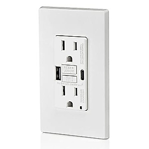 Leviton T5635-W USB Dual Type-C with Power Delivery (PD) In-Wall Charger, White & GUAC1-W 15A SmartlockPro Self-Test GFCI Combination 24W(4.8A) Type A/C USB in-Wall Charger Outlet, White