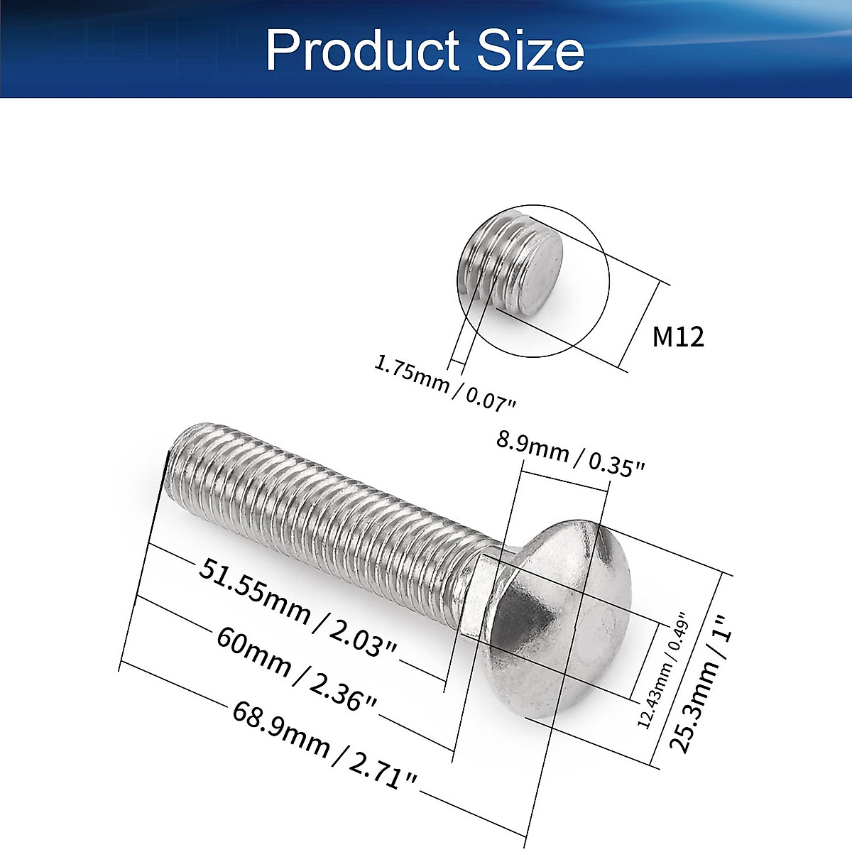 Yinpecly 2Pcs M12×60mm 1.75mm Pitch Length 304 Stainless Steel Round Domed Head Square Neck Carriage Bolts Silver Tone