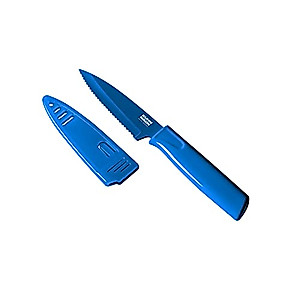 KUHN RIKON Colori Non-Stick Serrated Paring Knife with Safety Sheath, 4 inch, Blue