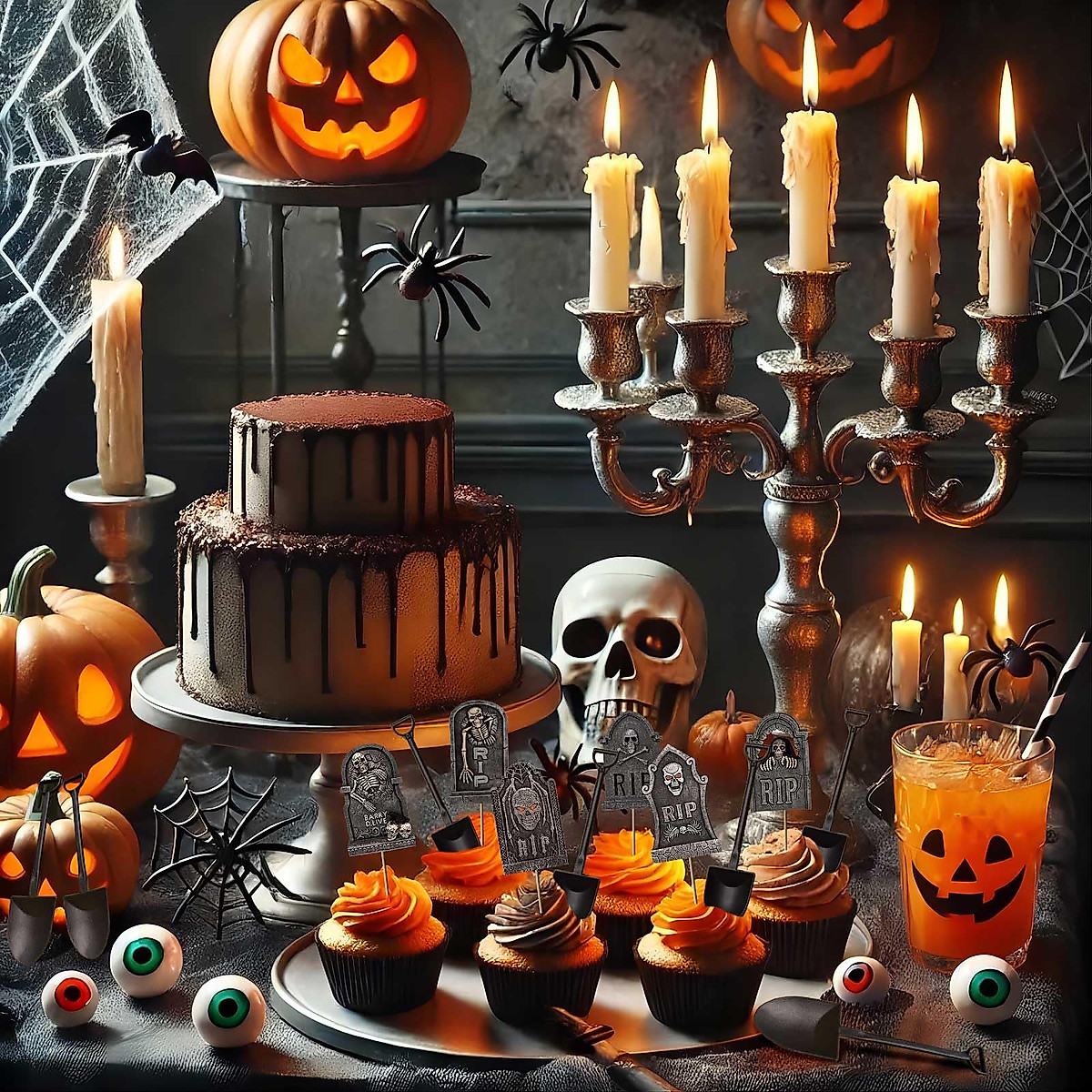 INACORN 48PCS Halloween Cupcake Toppers - Halloween Cake Decorations & Halloween Birthday Party Decorations - Graveyard Tombstone Cupcake Toppers with Novelty Mini Shovel Spoons