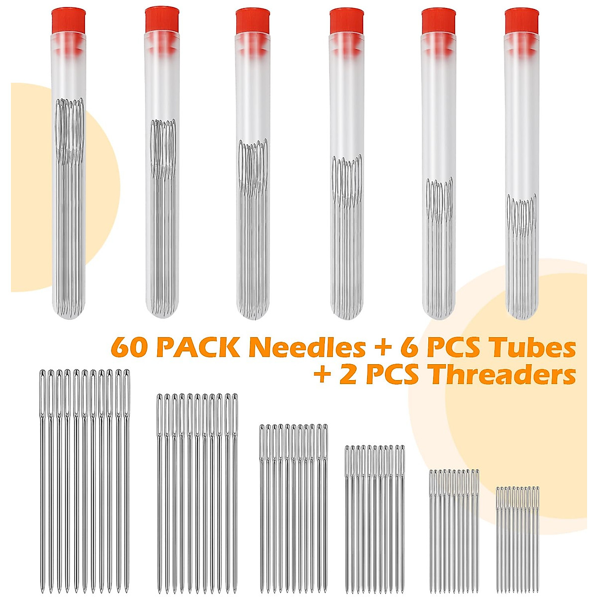 FIVEIZERO 60 PCS Large Eye Sewing Needles, 6 Sizes Hand Sewing Needles, Leather Needle Embroidery Thread Needle, Stainless Hand Quilting Needles with Threaders for Hand Sewing Art Crafts