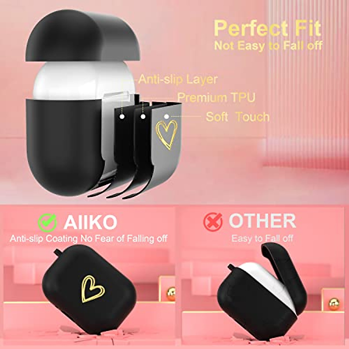 Aiiko AirPods Pro 2 Case, Apple Airpods Pro 2nd Generation Case with Gold Heart Cute Lucky Ball Keychain Compatible Airpods Pro 2nd Generation Soft TPU Airpods Pro 2 Case Cover for Girls Women(Black)