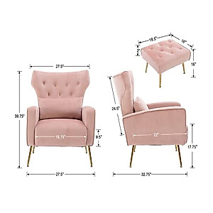 ZETZU Janoray Velvet Accent Chair Set with Button Tufted Ottoman for Living Room and Bedroom Comfy Reading Lounge Armchair with Modern Wingback and Gold Legs on Side Corner, Pink