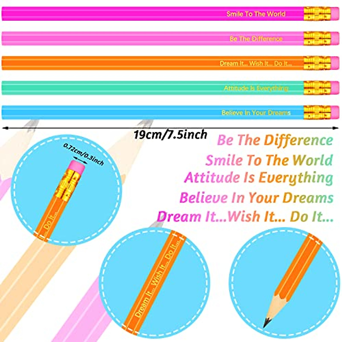 60 Pieces Inspirational Pencils Personalized Pencils Custom Wood Pencils Colorful Motivational Pencils with Inspirational Sayings for Students Teachers Adults School Office, 5 Colors