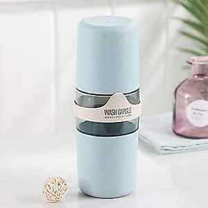 Travel Toothbrush Case & 2 Pack Gargle Cup, YEEHO Portable Electric Toothbrush Container Natural Wheat Straw Dual Holder Towel Toothpaste Organizer Storage for Outdoor Business Trip Wash,Blue