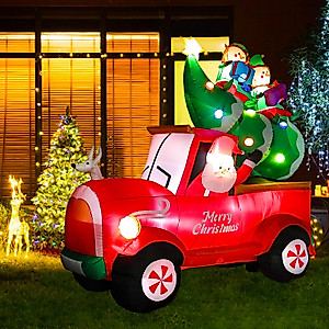8 FT Christmas Inflatables Yard Decorations, Blow Up Santa on Red Truck with Christmas Tree and Elfs, Light Up Holiday Inflatables for Indoor Outdoor, Xmas Party, Lawn, New Year