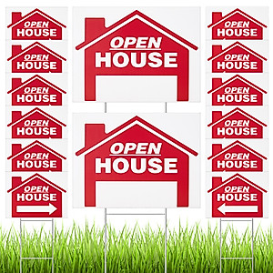 14 Pack 24 x 18 Inch Open House Sign Double Sided Real Estate Sign Posts Plastic Heavy Duty Open House Directional Open Yard Sign with Left Right Arrows 14 Pcs H Metal Stakes (Red)