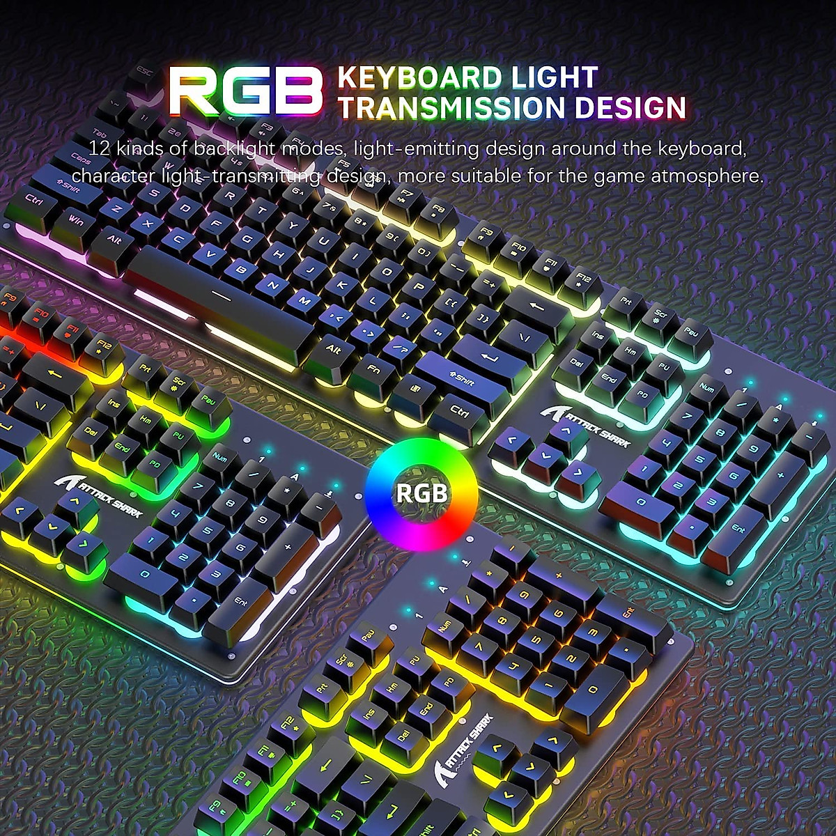 A.jAZZ Wireless Gaming Keyboard and Mouse Combo,Full Size 12 RGB Chroma Backlit Keyboard,Rechargeable 4200mAh Mechanical Feel USB/Type-C Dual Receiver Silent Mice,for PC,Mac,Laptop,PS4,Xbox,Black