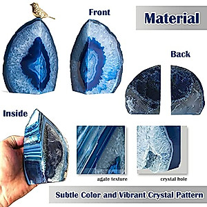 Yougoals Blue Agate Bookends for Shelves, Geode Crystal Book Ends for Heavy Books, Stone Decor with Rubber Bumpers 1 Pair 3-3.8LBS Home Decorative Unique